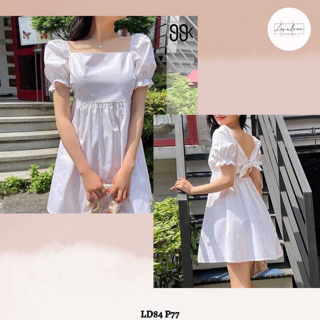 99K Outlet Cotton Poplin White Mini Dress lengan pendek Balloon Puff ...