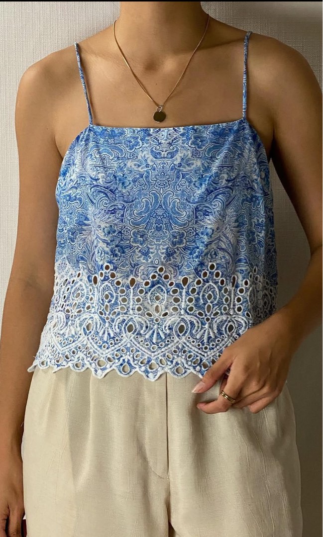 Baby Blue Paisley Cami Summer Top with Hole Details, Women's Fashion, Tops, Blouses on Carousell