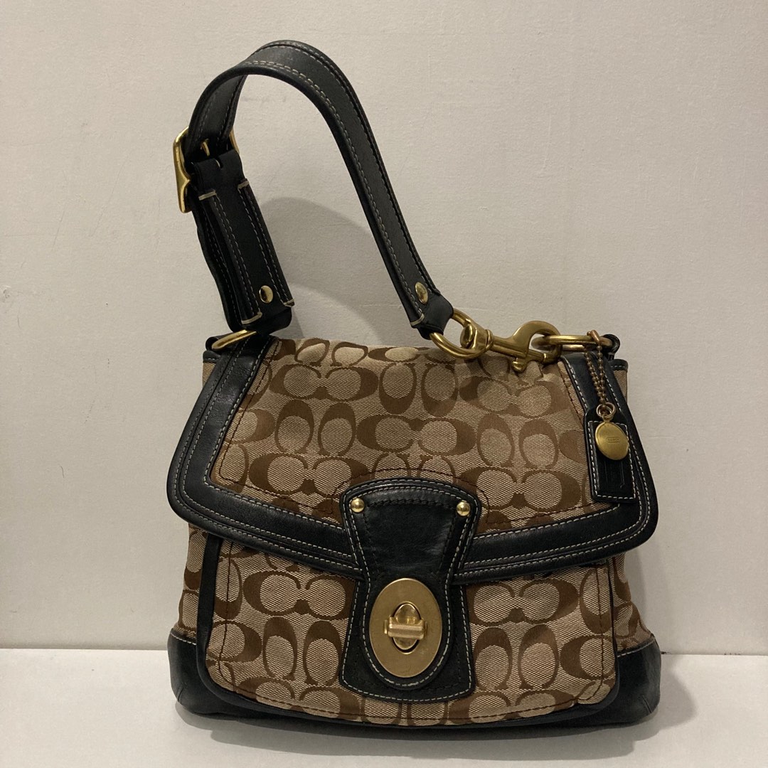 Coach Signature Canvas and Black Leather Turnlock Key Legacy Bag ...