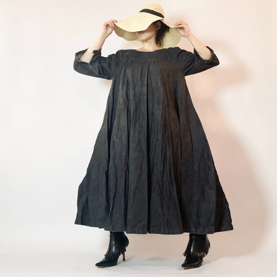 CUSTOM DISTRESSED SABLE Heavy Denim Tent Dress With Gathered Yoke ...