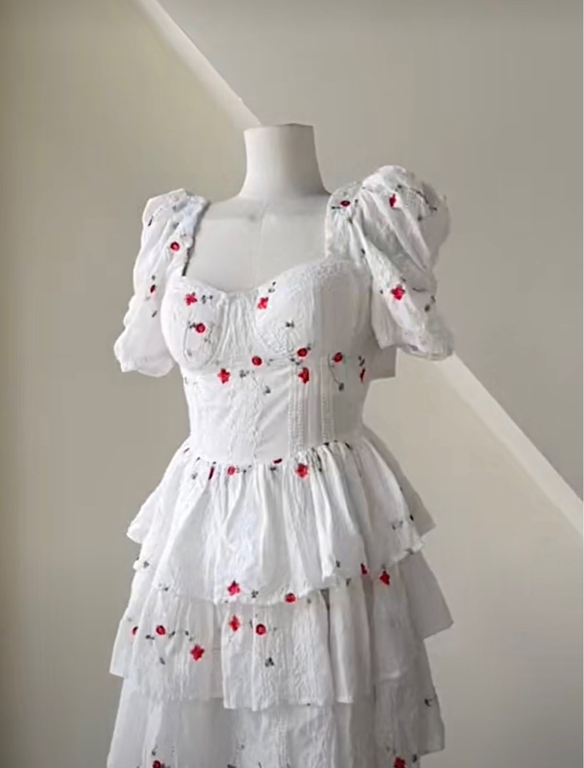 Rare! Premium White summer red dress putih rok skirt midi coquette ribbon pastel layer pink tier ...