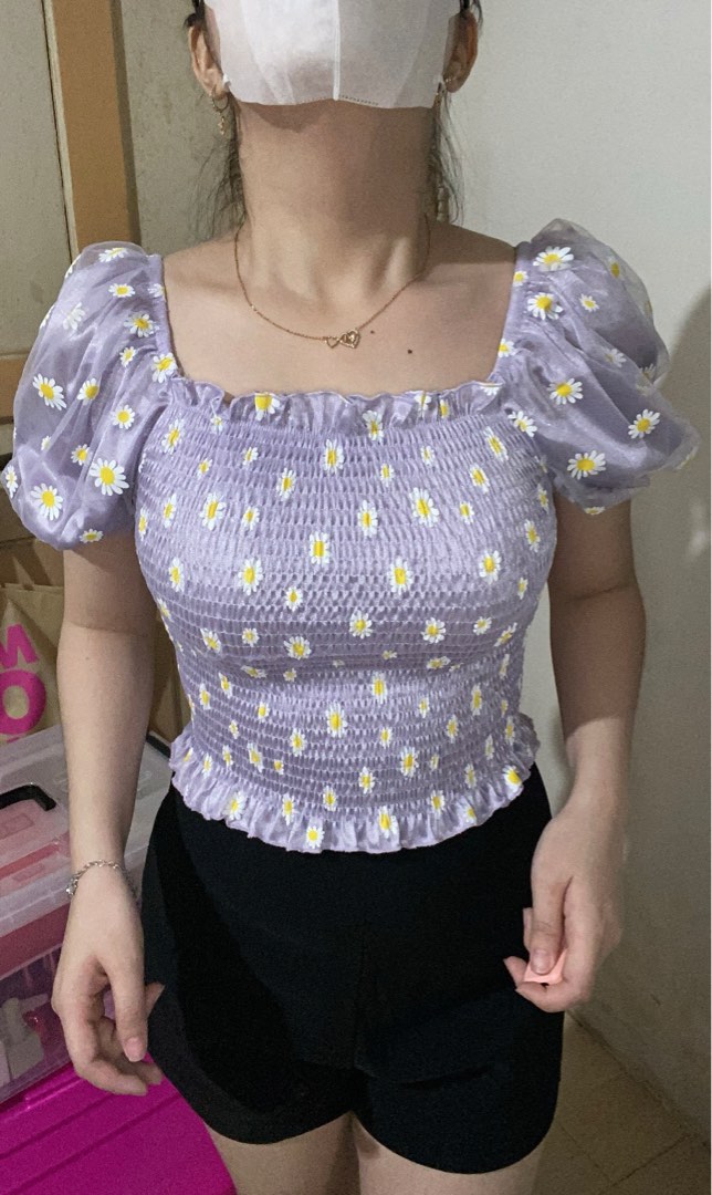 Sabrina flower top, Fesyen Wanita, Pakaian Wanita, Atasan di Carousell