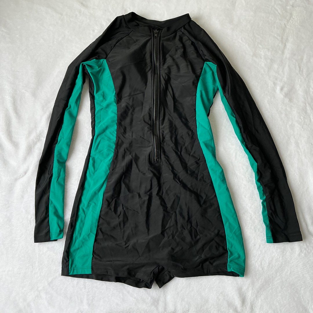 SHEIN TANKINI RASHGUARD COLOR BLOCK BLACK x TEAL SWIMSUIT, Women's ...