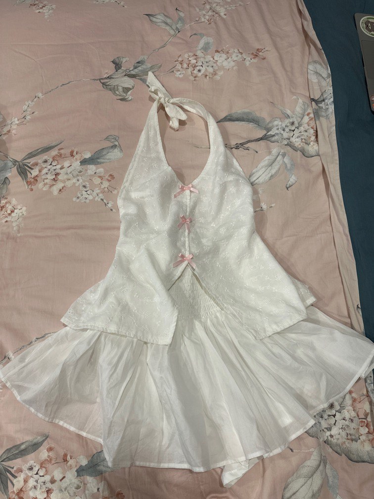 white dress set with pink bow, Women's Fashion, Dresses & Sets, Sets or ...