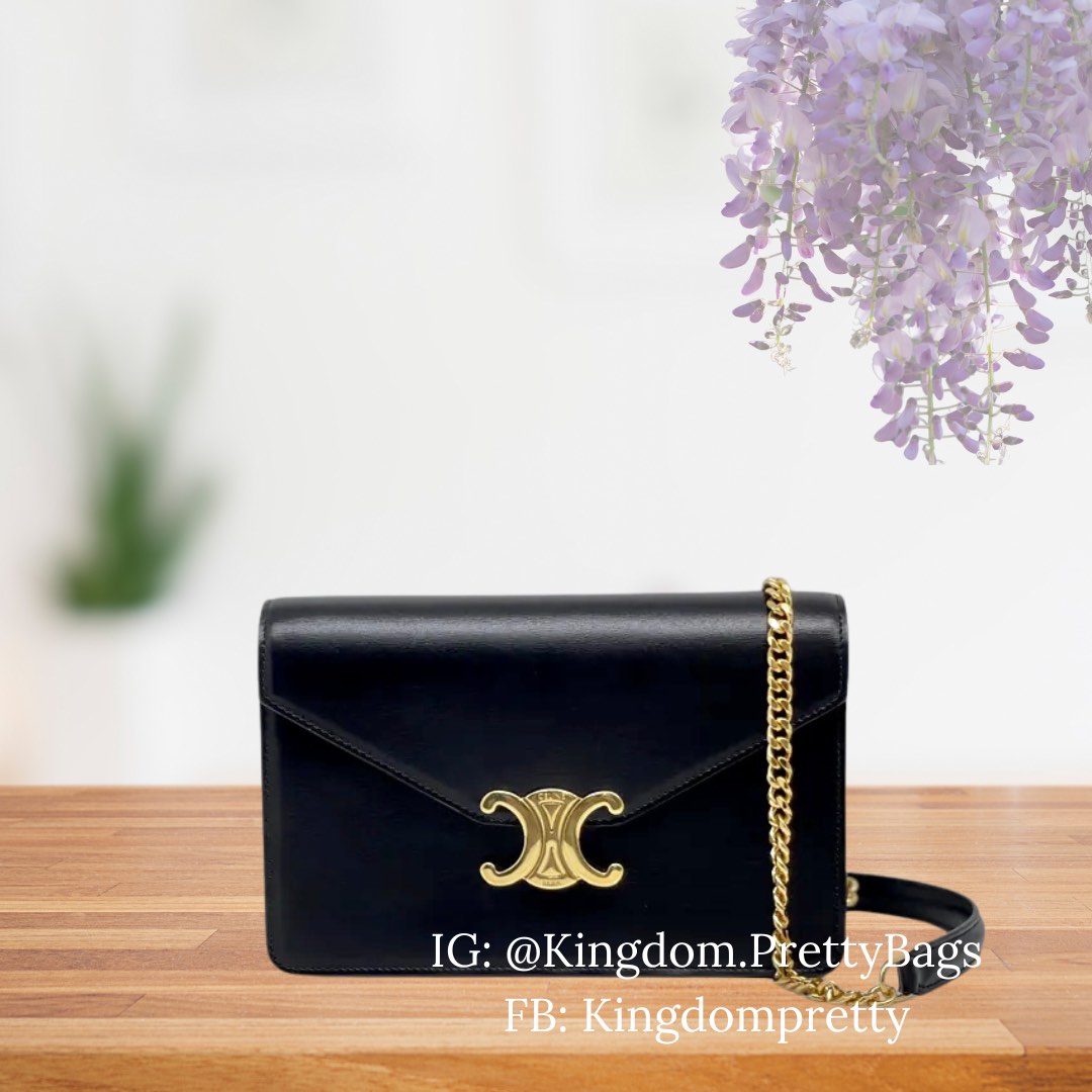 Celine Triomphe Wallet On Chain Envelope Flap Bag in Black and Gold ...