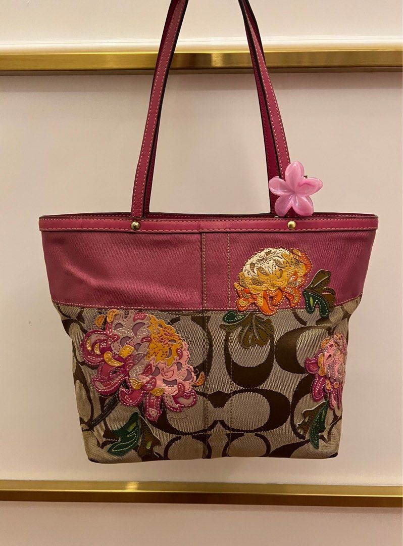 COACH Signature Floral Pink Mini Tote Vintage, Fesyen Wanita, Tas ...
