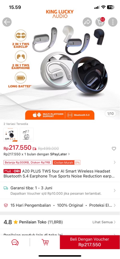 Kinyo/king lucky tws ows A20, Musik & Media, Aksesoris di Carousell