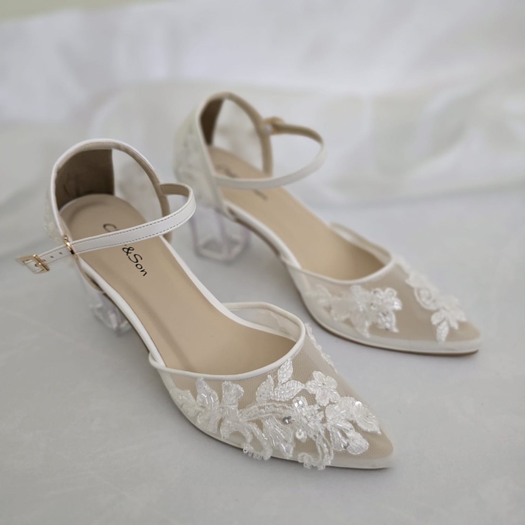 Lace white wedding heels with glass block heel and soft mesh front ...