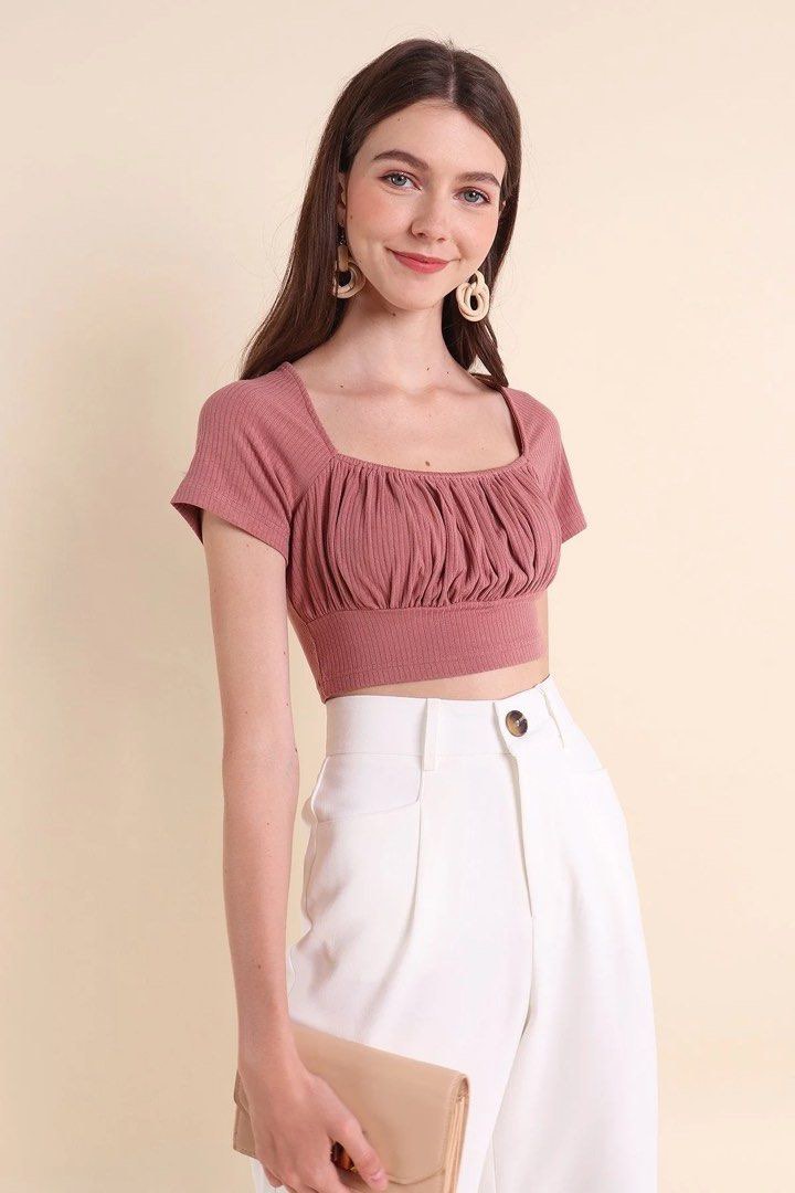 neonmello thalia ruched knit crop top, Women's Fashion, Tops, Blouses ...