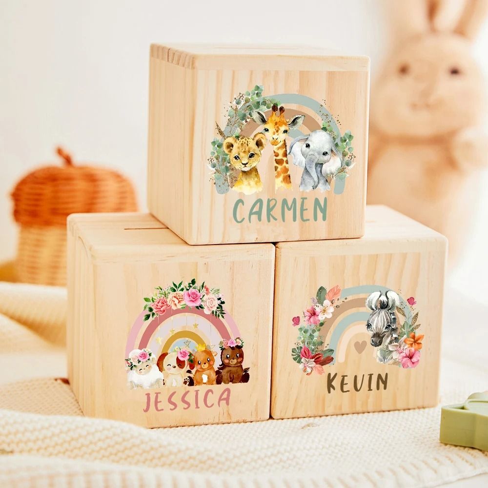 Personalized Money Box Rainbow Safari Animals with Name Wooden Money ...
