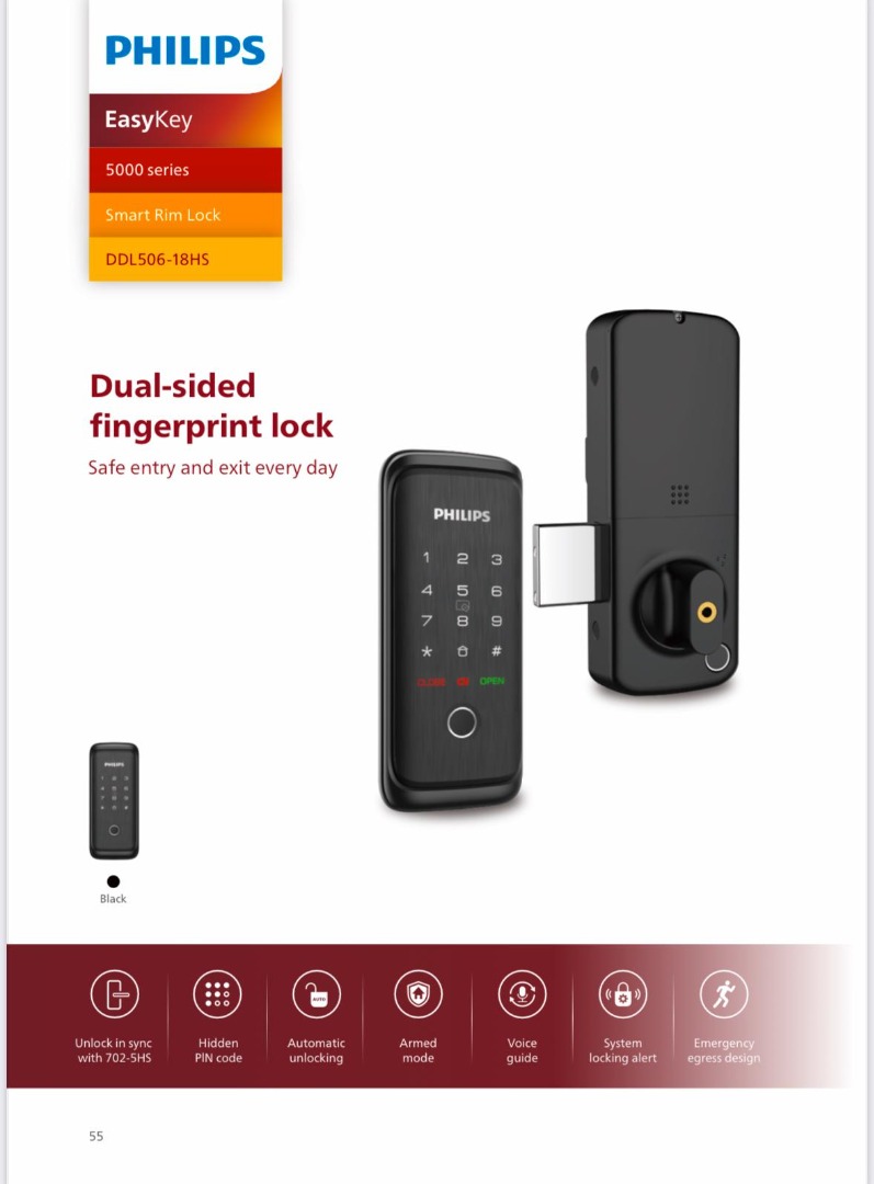 Philips EasyKey DDL506-1BHS Smart Rim Lock, Furniture & Home Living, Security & Locks, Locks ...