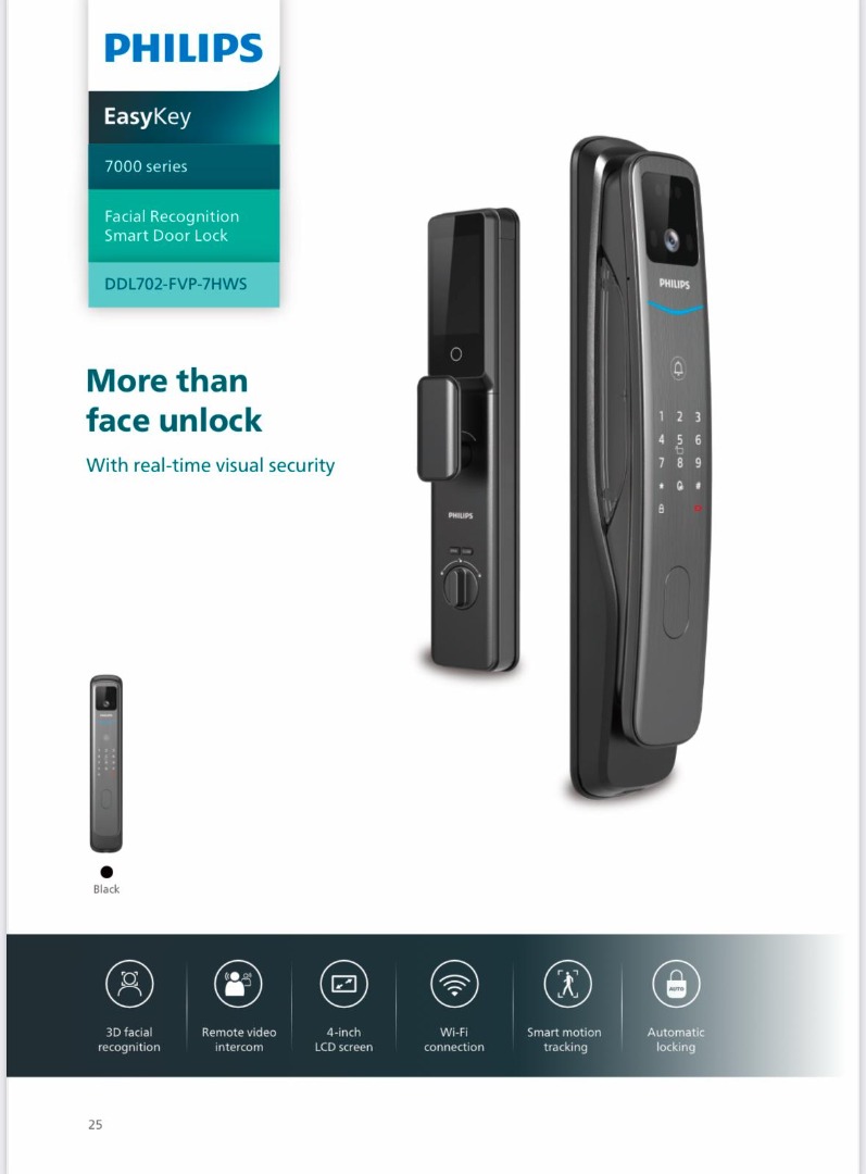 Philips EasyKey DDL702-FVP-7HWS Facial Recognition Smart Door Lock, Furniture & Home Living ...