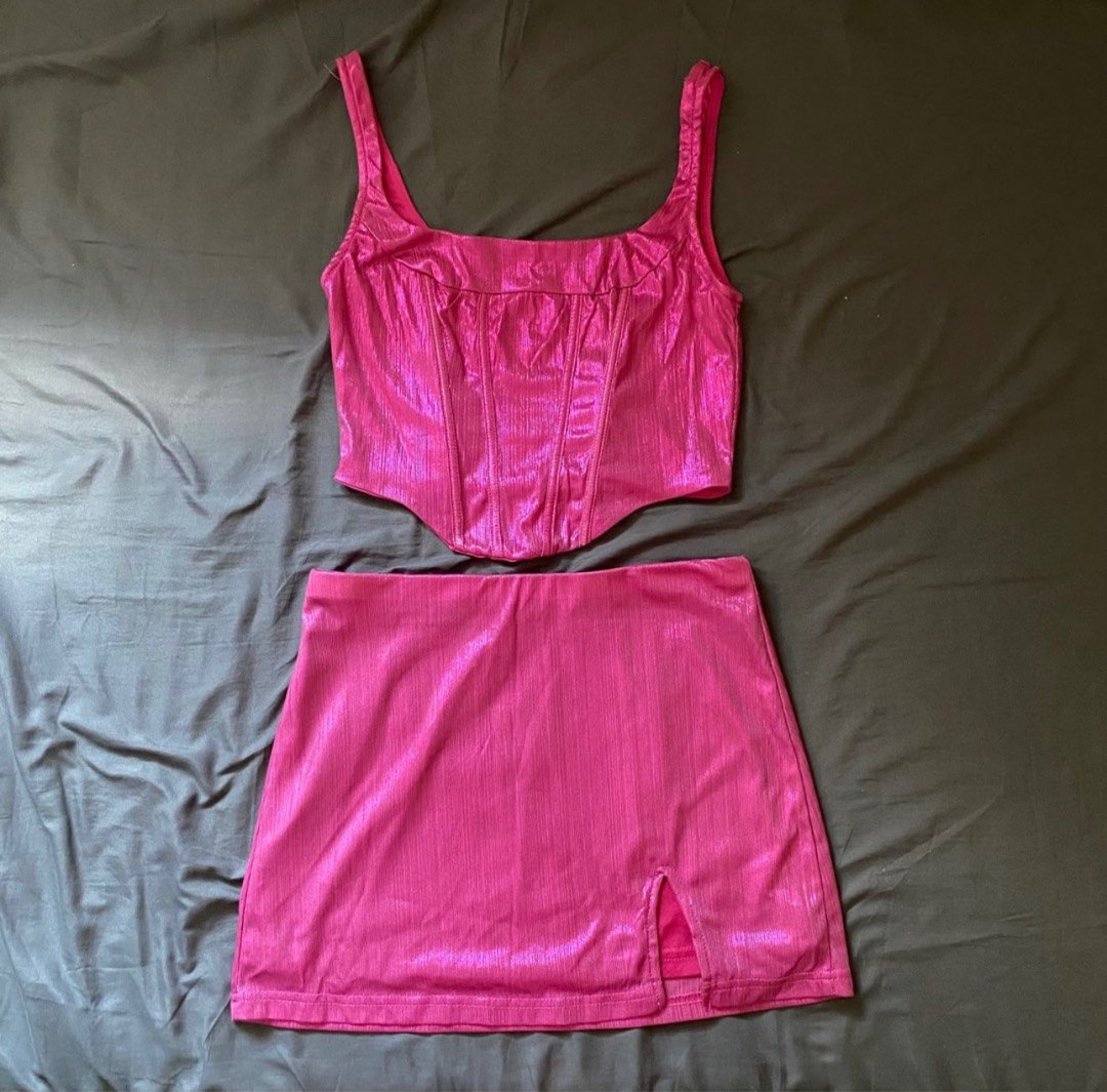 Pink Coords - Metallic Corset Top and Split Hem Skirt, Women's Fashion ...