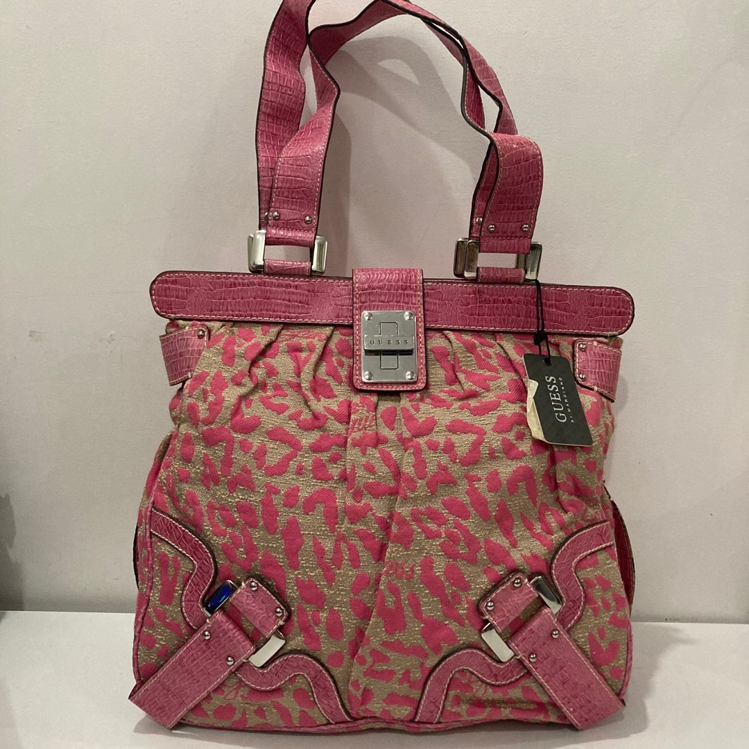 Rare Guess Pink Leopard Print in Cotton Vertical Tote Bag, Women's ...