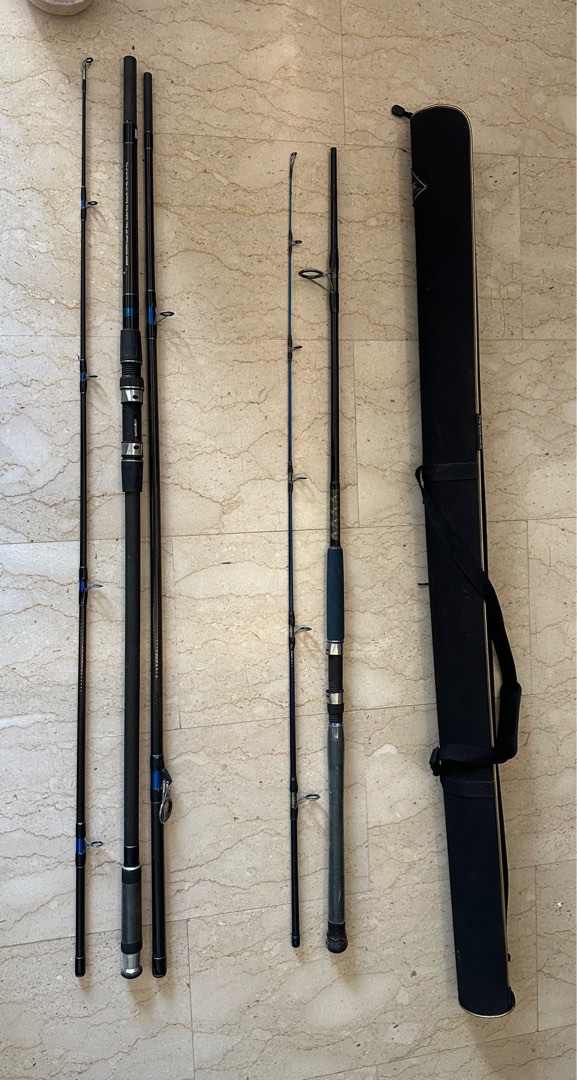 2 shore casting rods with carrier, Sports Equipment, Fishing on Carousell