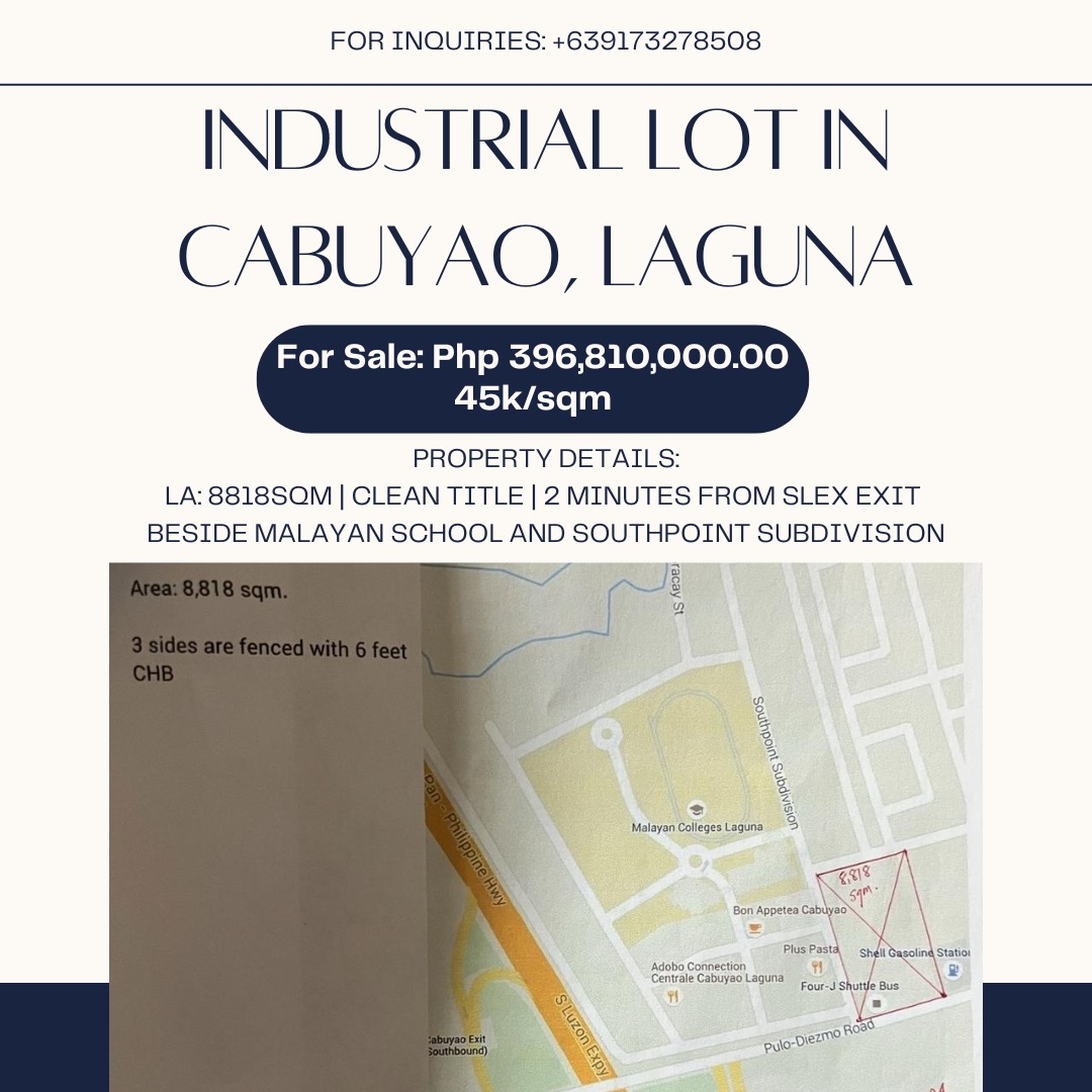 8818sqm Industrial Lot in Cabuyao Laguna - Pulo Diezmo road for sale ...