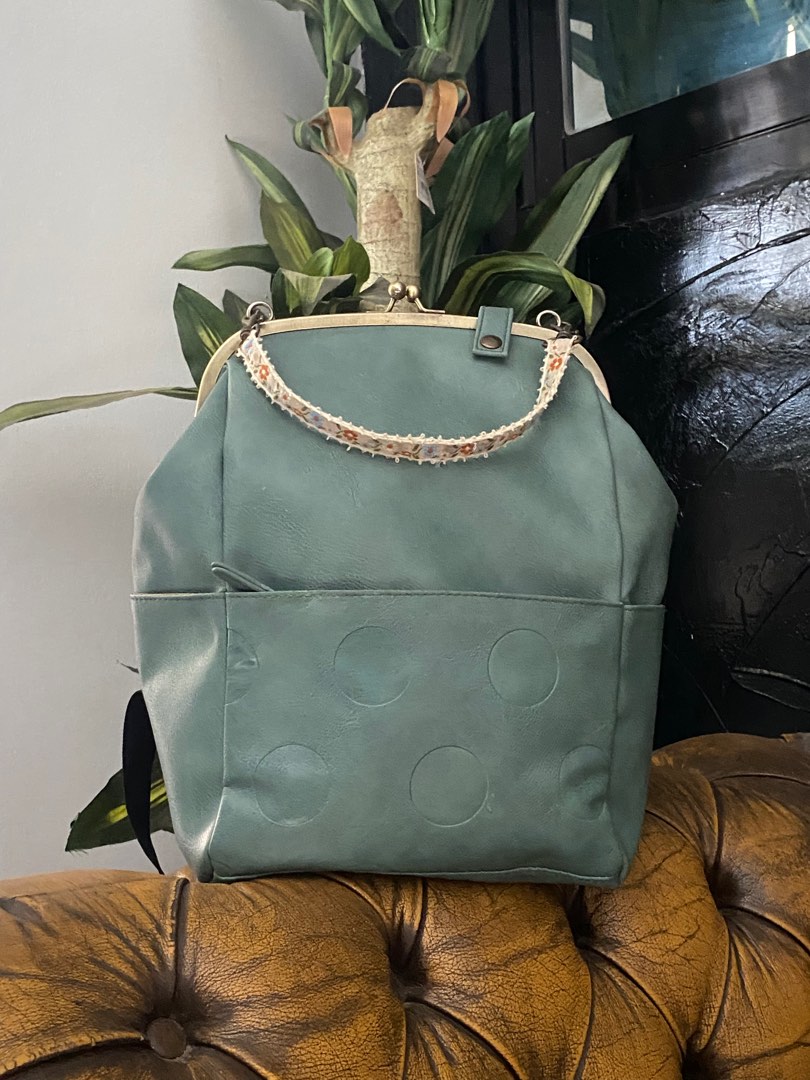 Rare Kiss Lock Acid Green Grayish Leather Backpack, Women's Fashion ...