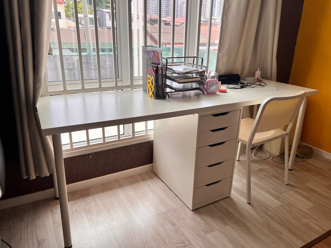 White long Study Table with Drawer, Furniture & Home Living, Furniture ...