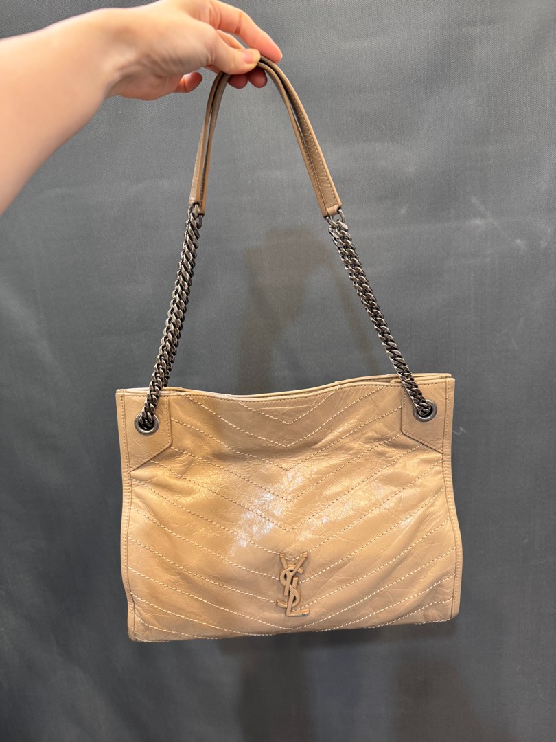 YSL Niki Bags Nude Leather Tote Bag Cream Soft Cream Kulit Asli, Fesyen ...