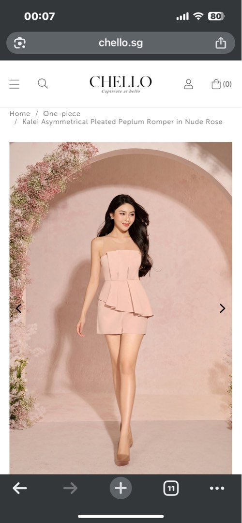 Chello Kalei Asymmetrical Pleated Peplum Romper in Nude Rose, Women's Fashion, Dresses & Sets ...