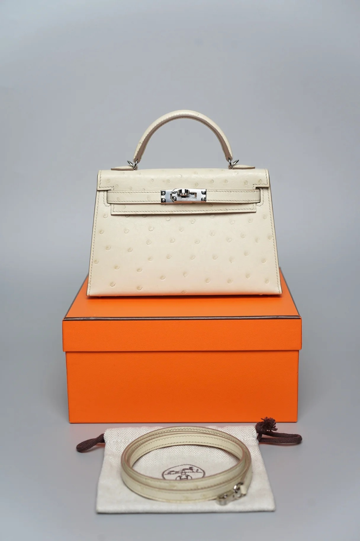 Hermes Kelly 20 in Beton Ostrich Phw, Luxury, Bags & Wallets on Carousell