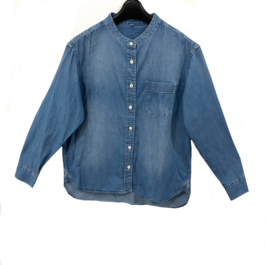 Muji 100% Organic Chambray Cotton Faded Style Classic Fit Stand Collar Tops, Women's Fashion ...