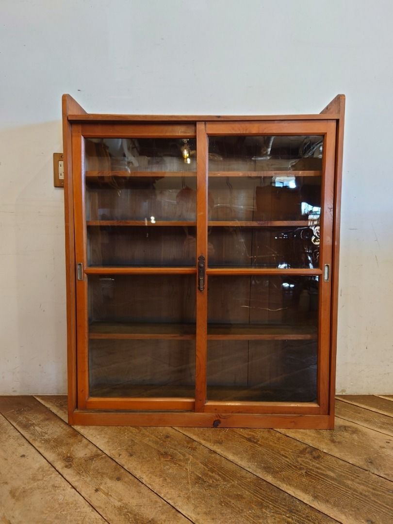 Vintage pine wood cabinet with sliding glass doors CA-341/Modern Showa ...