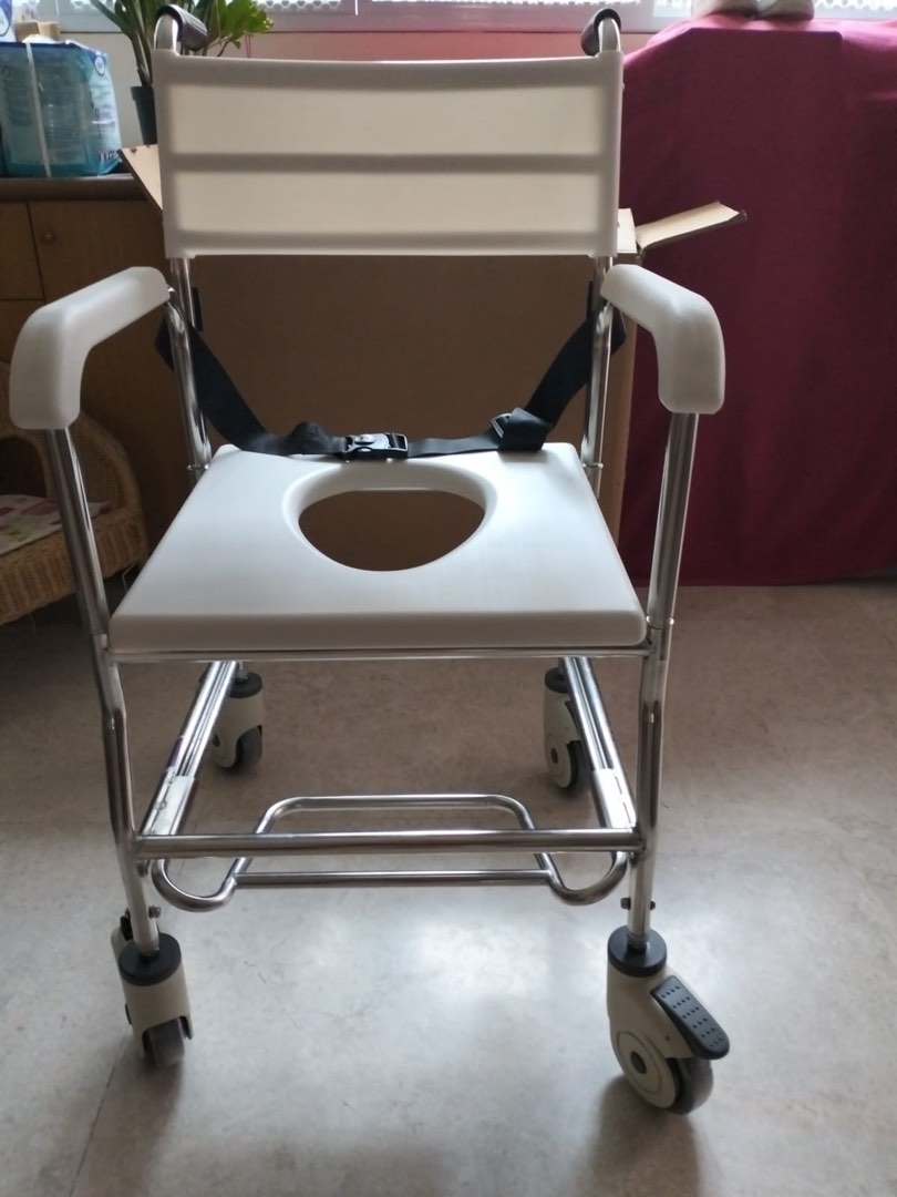 Brand new 4-wheel commode chair with brakes, seat belt and chair lock ...