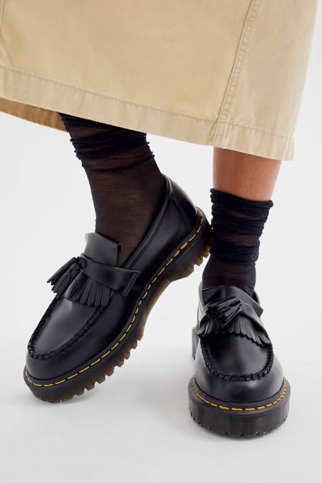 DOC MARTENS Adrian Yellow Stitch Leather Tassel Loafers in Black, Women ...