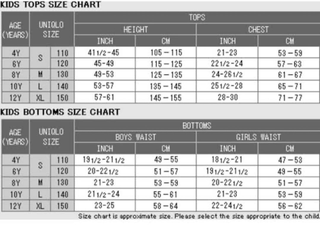 Uniqlo Size Chart, Bayi & Anak, Baju Anak Laki-laki, 4 hingga 7 tahun ...