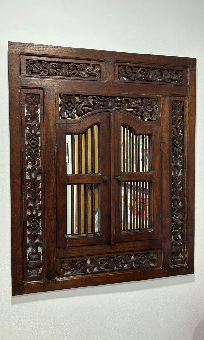 Vintage Balinese carved wood wall panel with window mirror, Furniture ...