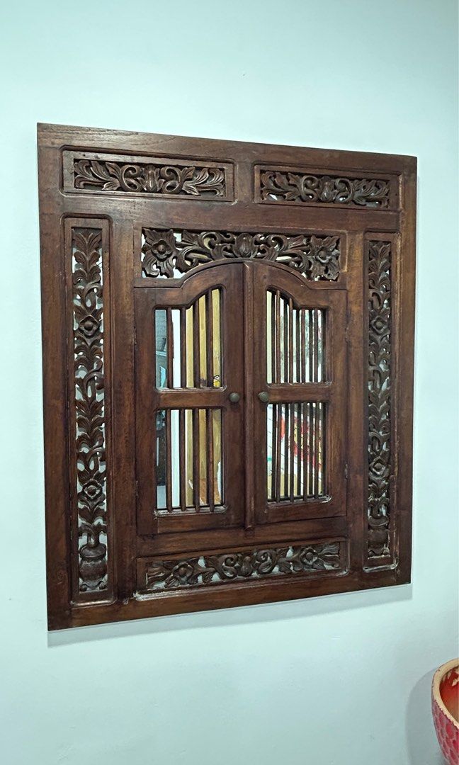 Vintage Balinese carved wood wall panel with window mirror, Furniture ...