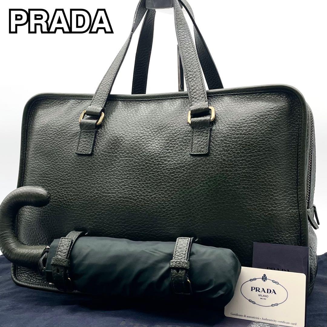 Authentic Prada business bag, leather, with umbrella green, A4 size ...
