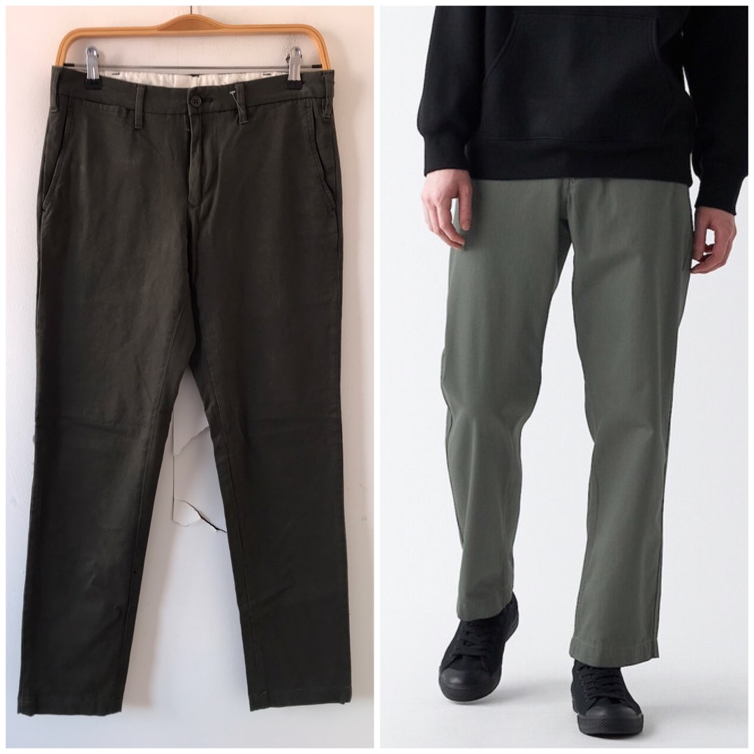 MUJI Cutton Denim Organic Strecht in Green Army S-M, Fesyen Pria ...