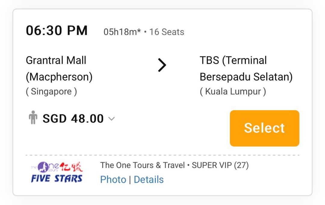 {9/5/25} SIN - KUL (TBS) Bus Cheap Ticket, Tickets & Vouchers, Local ...