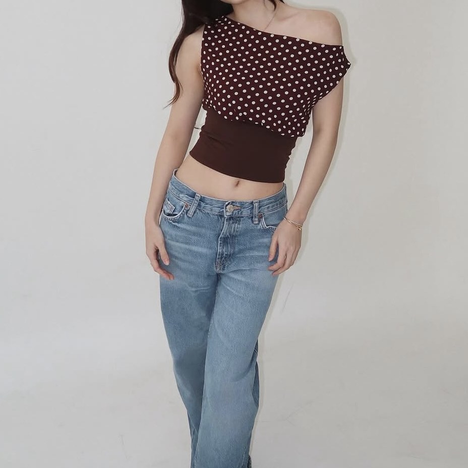 DOTTIE Top // RUE Asymmetrical Half Sleeve Polka Dot Offshoulder Blouse Top [miu the label ...