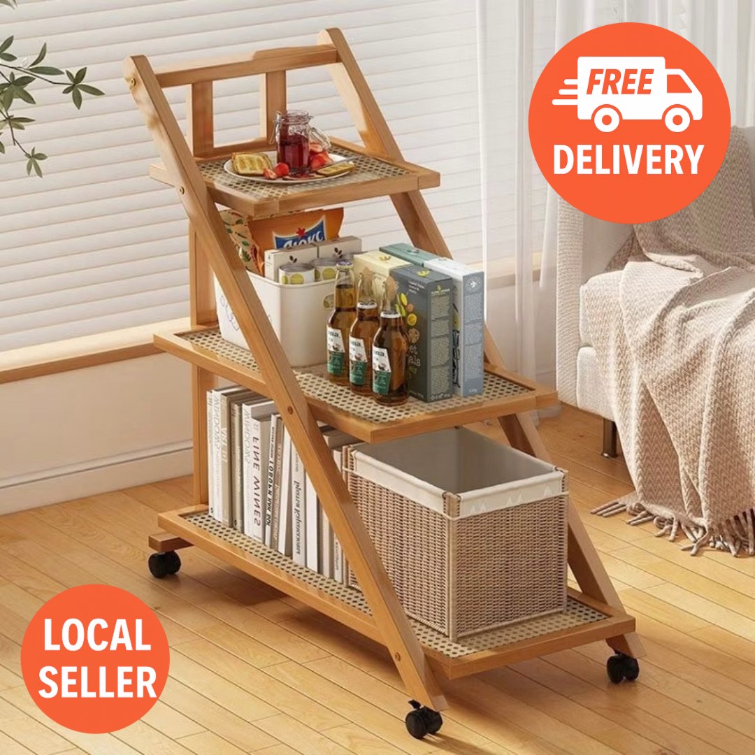 [FREE DELIVERY] Foldable Bamboo Book Rack | Rolling Display Bookcase ...