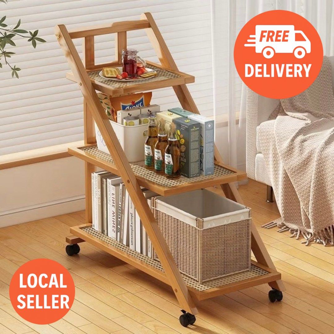 [FREE DELIVERY] Foldable Bamboo Book Rack | Rolling Display Bookcase ...