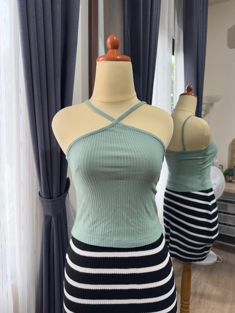 sage Green x silang top Jennie Sexy Crop Top Halter Tank Top Halter Basic Korean Fashion baju ...