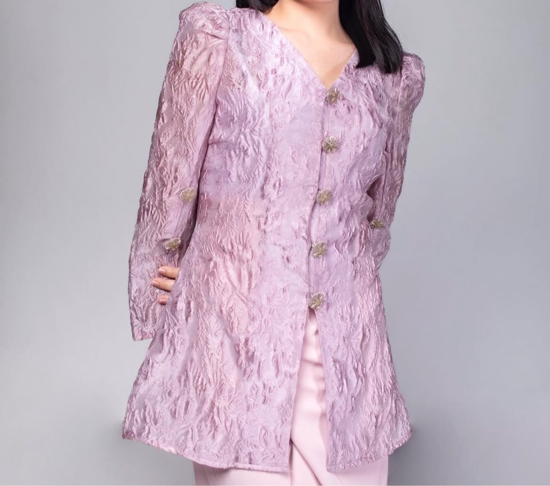 Lubna - Textured Organza Modern Long Kebaya - Pink, Women's Fashion ...