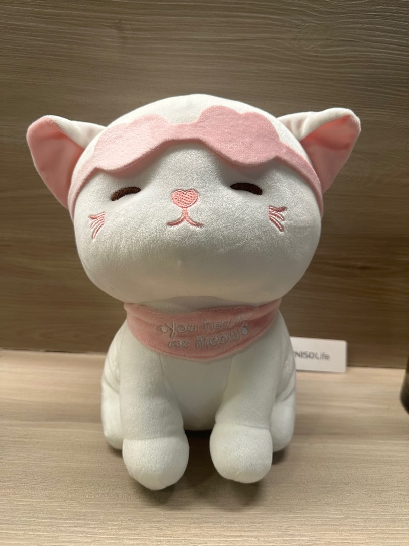Miniso White Pink Cat Plushie, Hobbies & Toys, Toys & Games on Carousell
