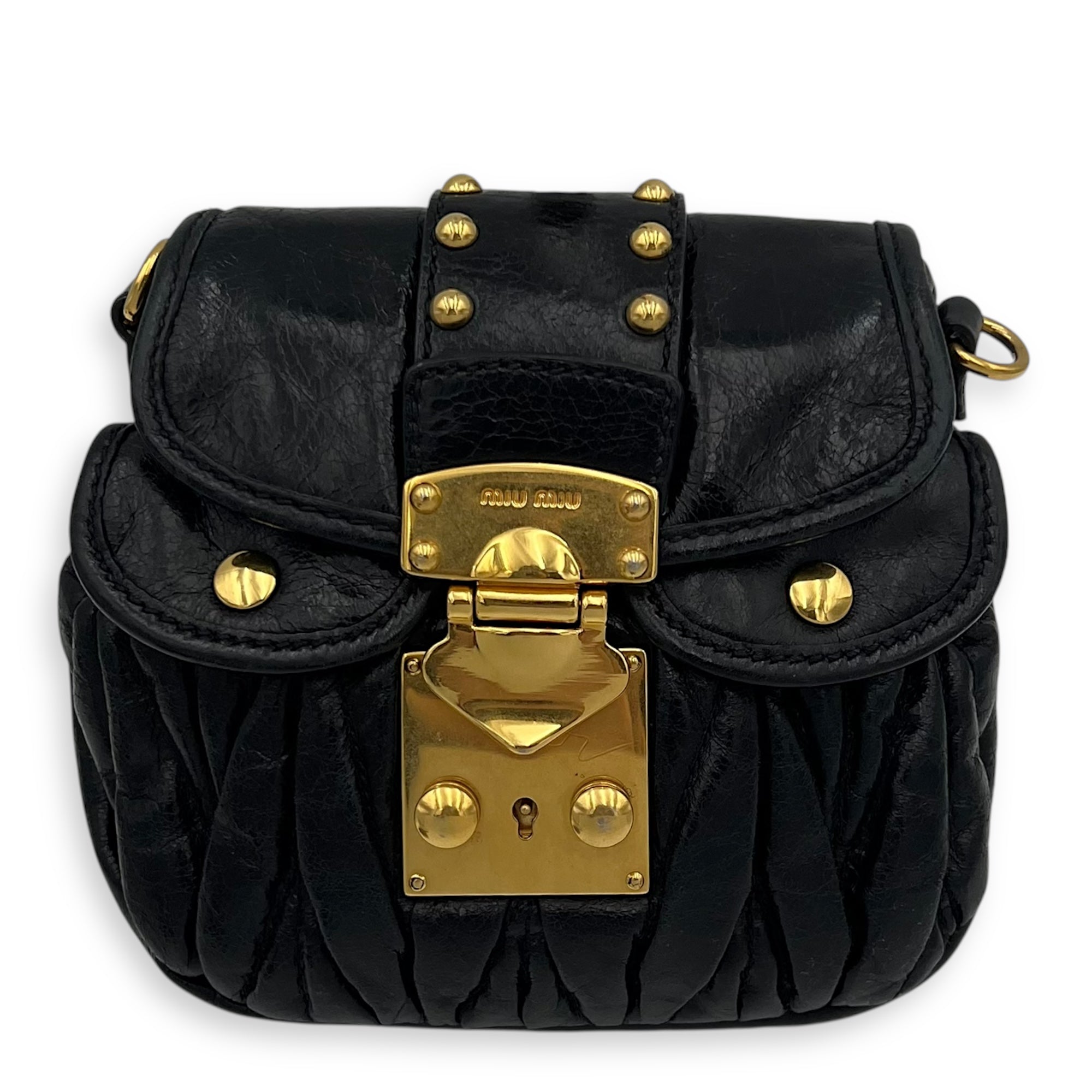 Miu Miu Coffer Mini Black Crossbody Bag in Calfskin, Gold hardware ...