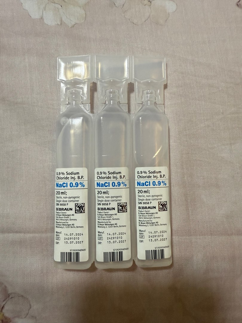 Sterile sodium chlorine / saline water, Health & Nutrition, Medical ...