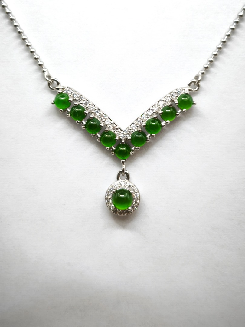 V-Shaped Jadeite Necklace | Chroma Green Beads | Silver Chain, Women's ...