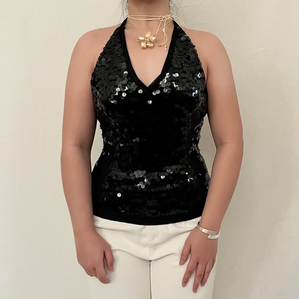 Y2K Vintage Black Sequin Backless Top, Women's Fashion, Tops ...