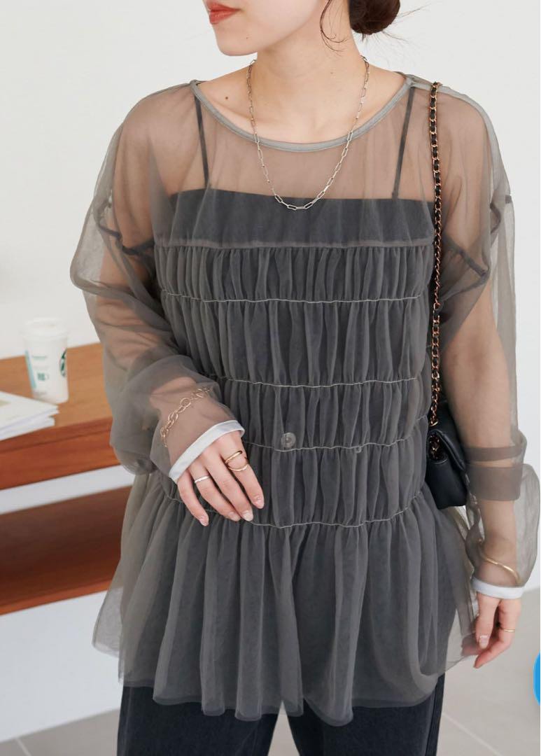 Japanese Style Dark Grey Sheer Top, Women's Fashion, Tops, Other Tops ...