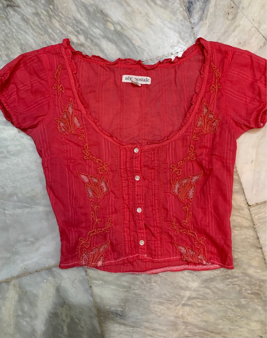 aeropostale cropped beaded red top, Women's Fashion, Tops, Blouses on ...