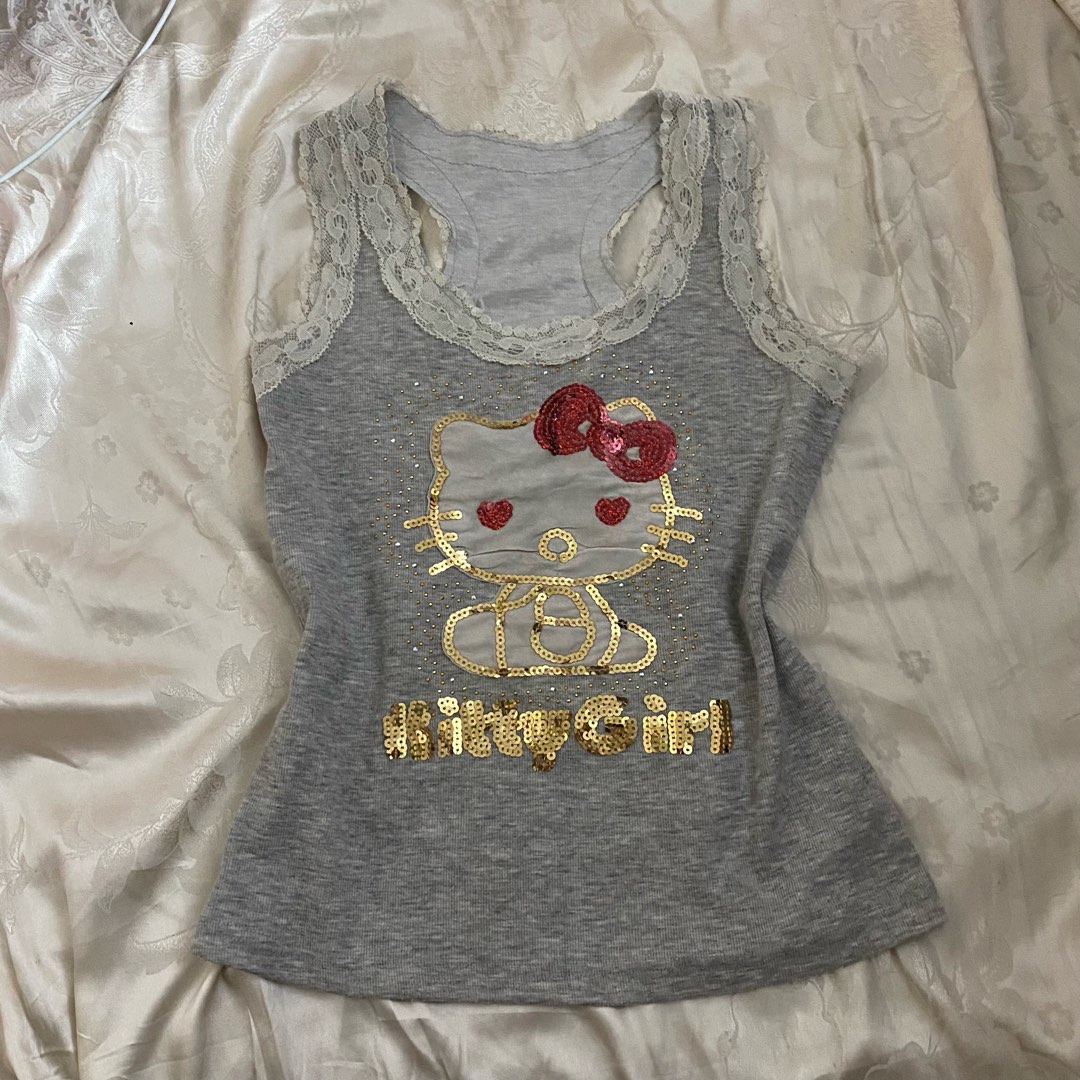 hello kitty sequined detailed lace racer back top, Women's Fashion ...