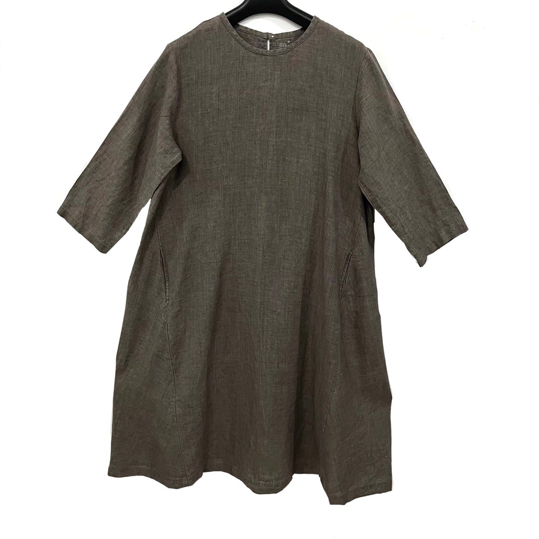 Muji 100% Linen Artisans Sandy Brown A Line Wide Dress, Women's Fashion, Dresses & Sets, Dresses ...