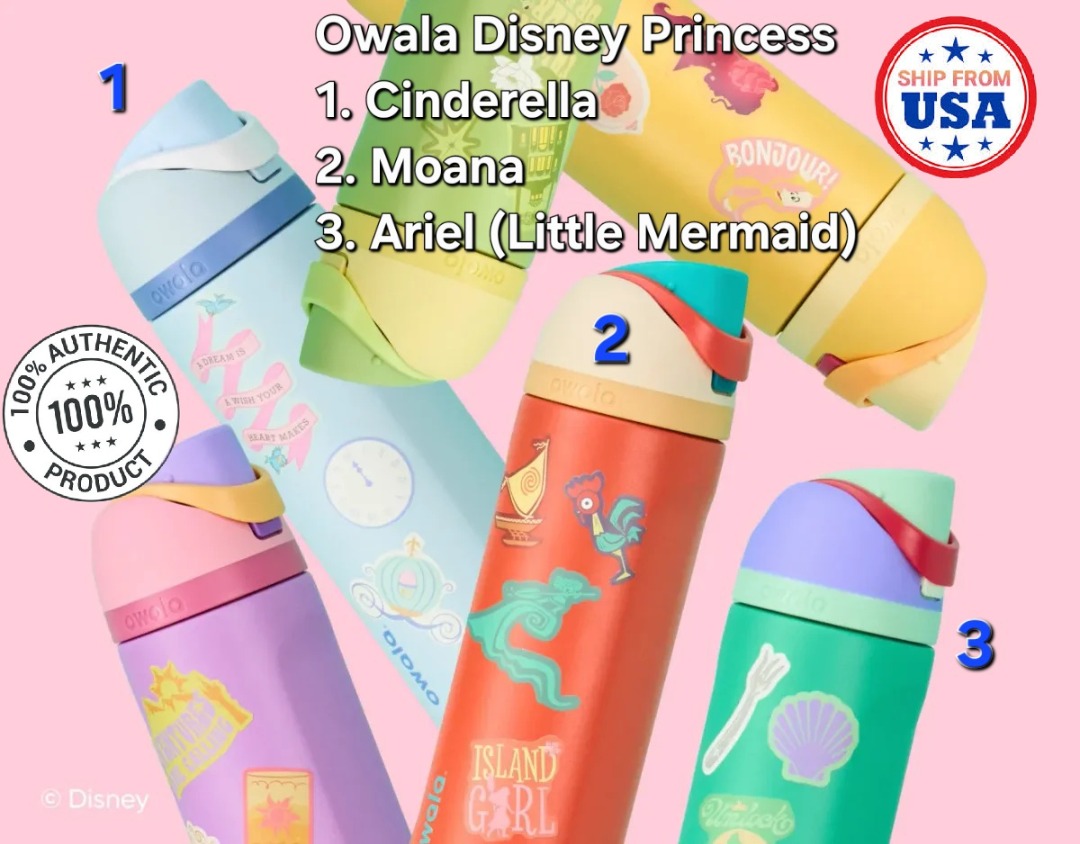 Owala FreeSip Disney Princess Collection (1.Cinderella, 2.Moana, 3 ...
